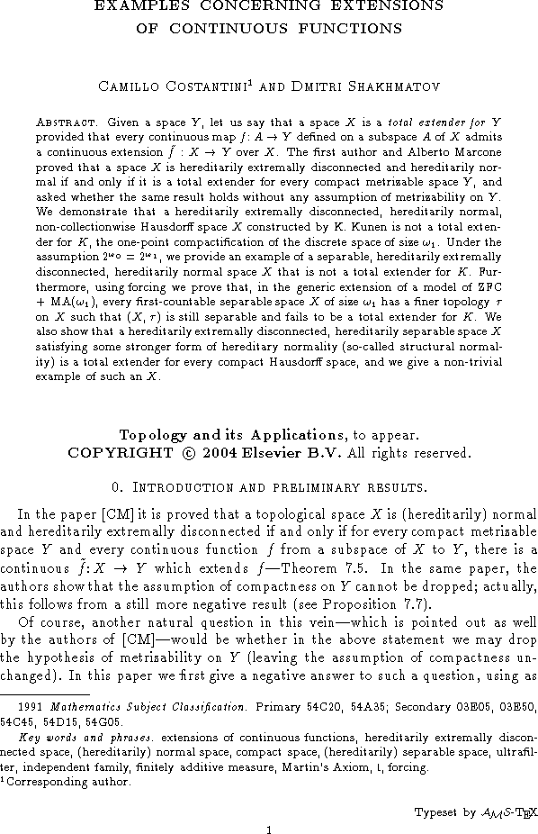 P. 1: Examples concerning extensions of continuous functions, by Camillo Costantini and Dmitri ...